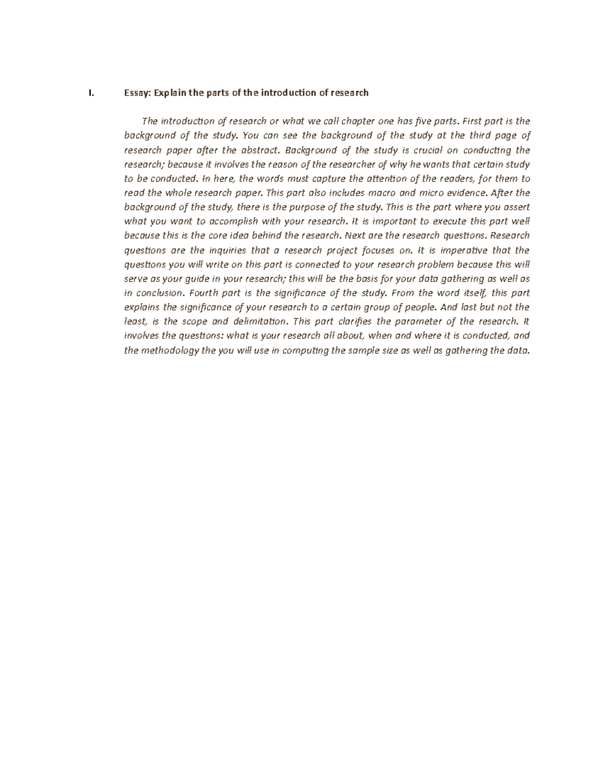 Practical Research - Notes - I. Essay: Explain the parts of the ...