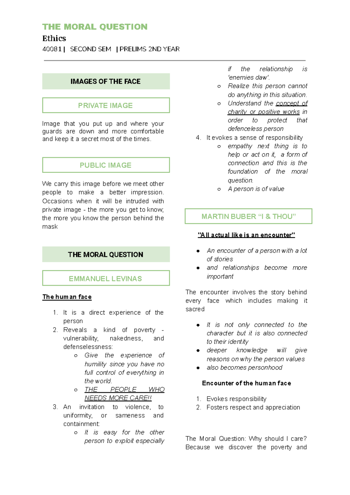 Ethics notes - THE MORAL QUESTION Ethics 40081 | SECOND SEM | PRELIMS ...