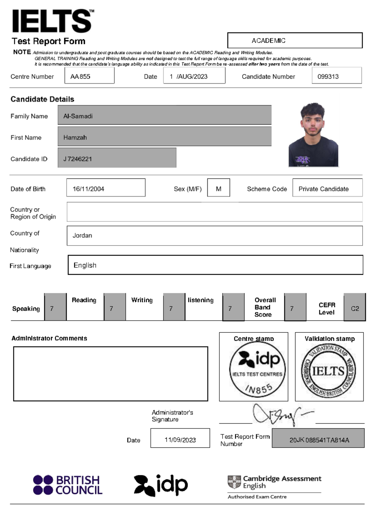 Hamzah - Hdhdhdhd - Test Report Form NOTE Admission to undergraduate ...