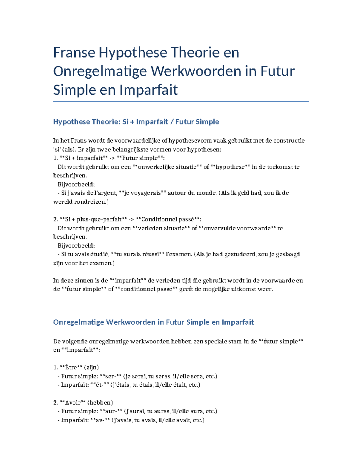 Hypothese theorie en onregelmatige werkwoorden - Franse Hypothese ...