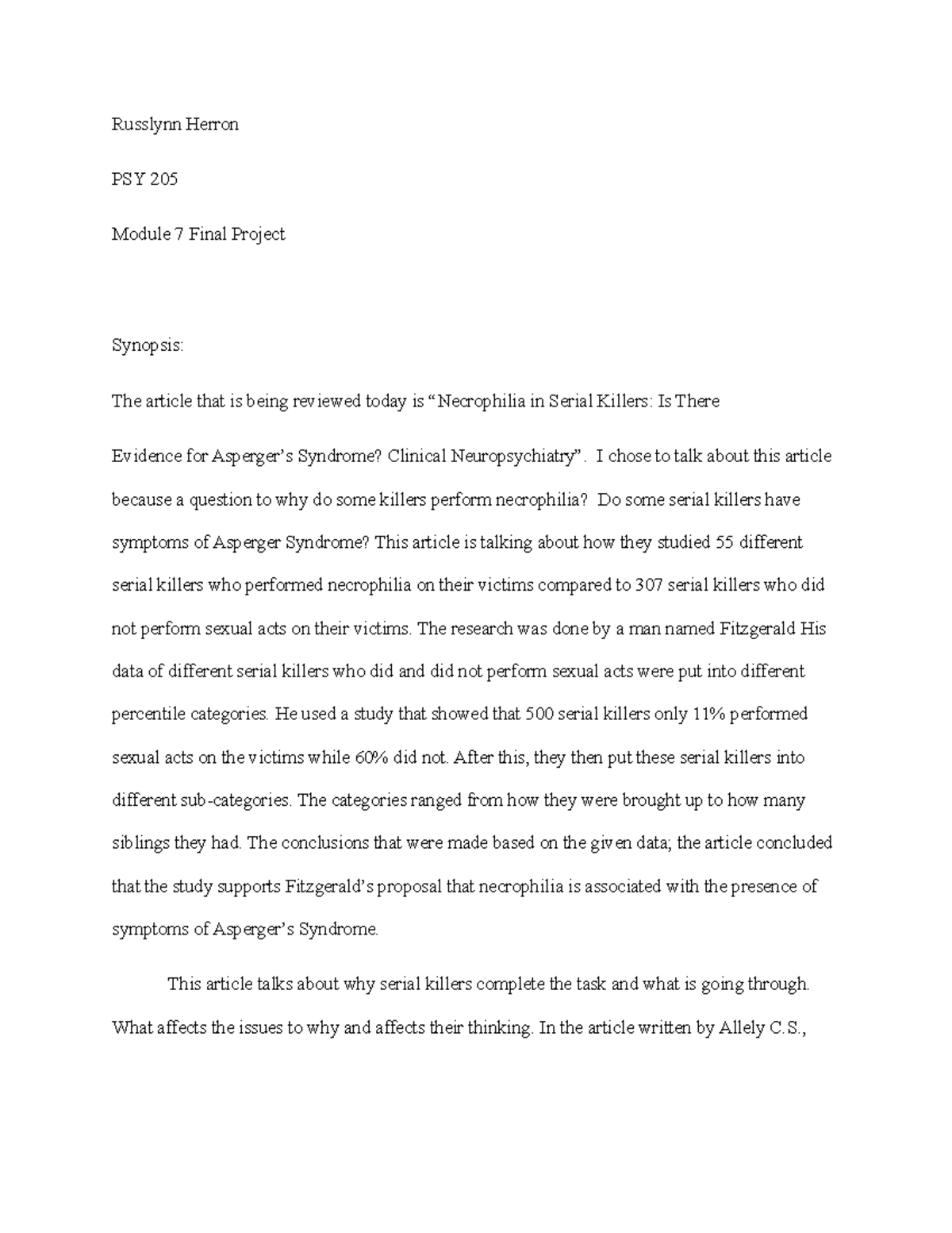 Psy 205 module 7 - lecture - Russlynn Herron PSY 205 Module 7 Final Project Synopsis: The ...