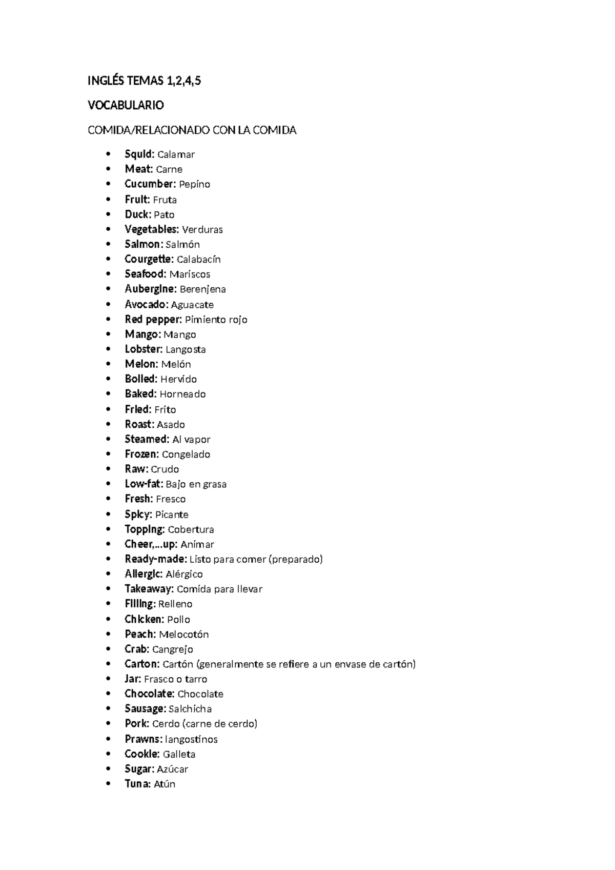 vocabulario y gramática - INGLÉS TEMAS 1,2,4, VOCABULARIO COMIDA ...