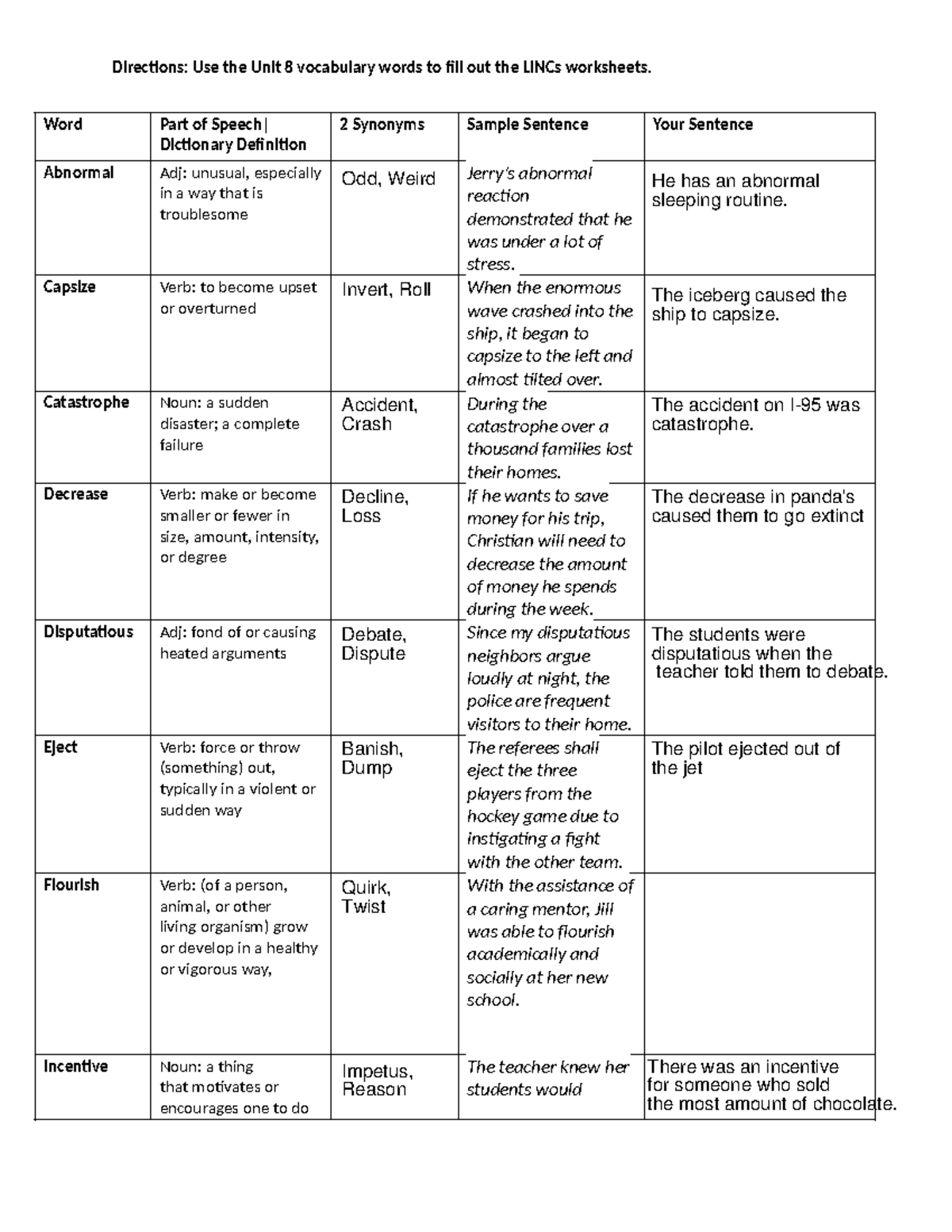 54 - sqasjd - Directions: Use the Unit 8 vocabulary words to fill out ...