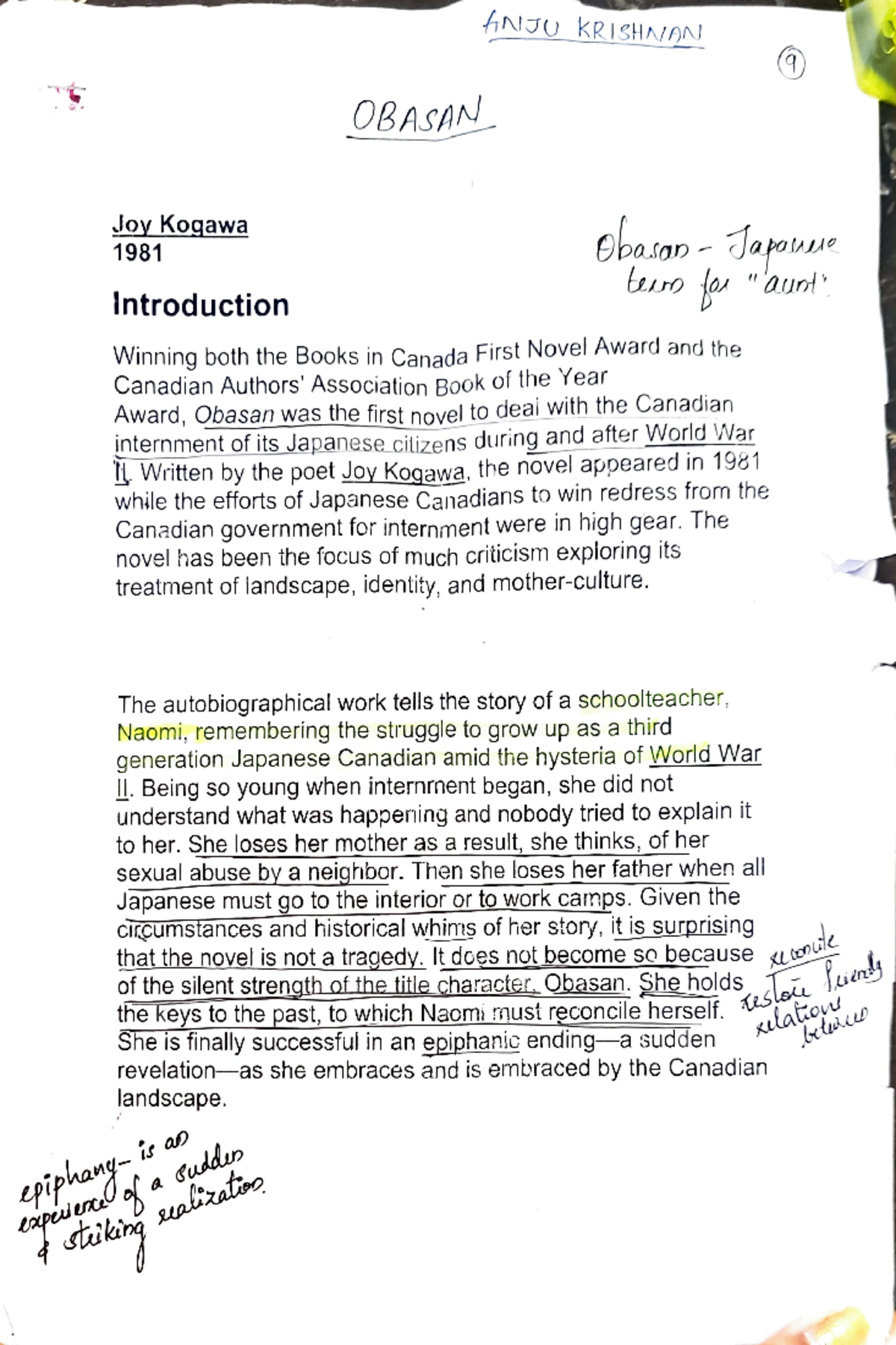 Obasan - Joy Kogawa - Might be useful - Joy Kogawa 1981 Introduction ...