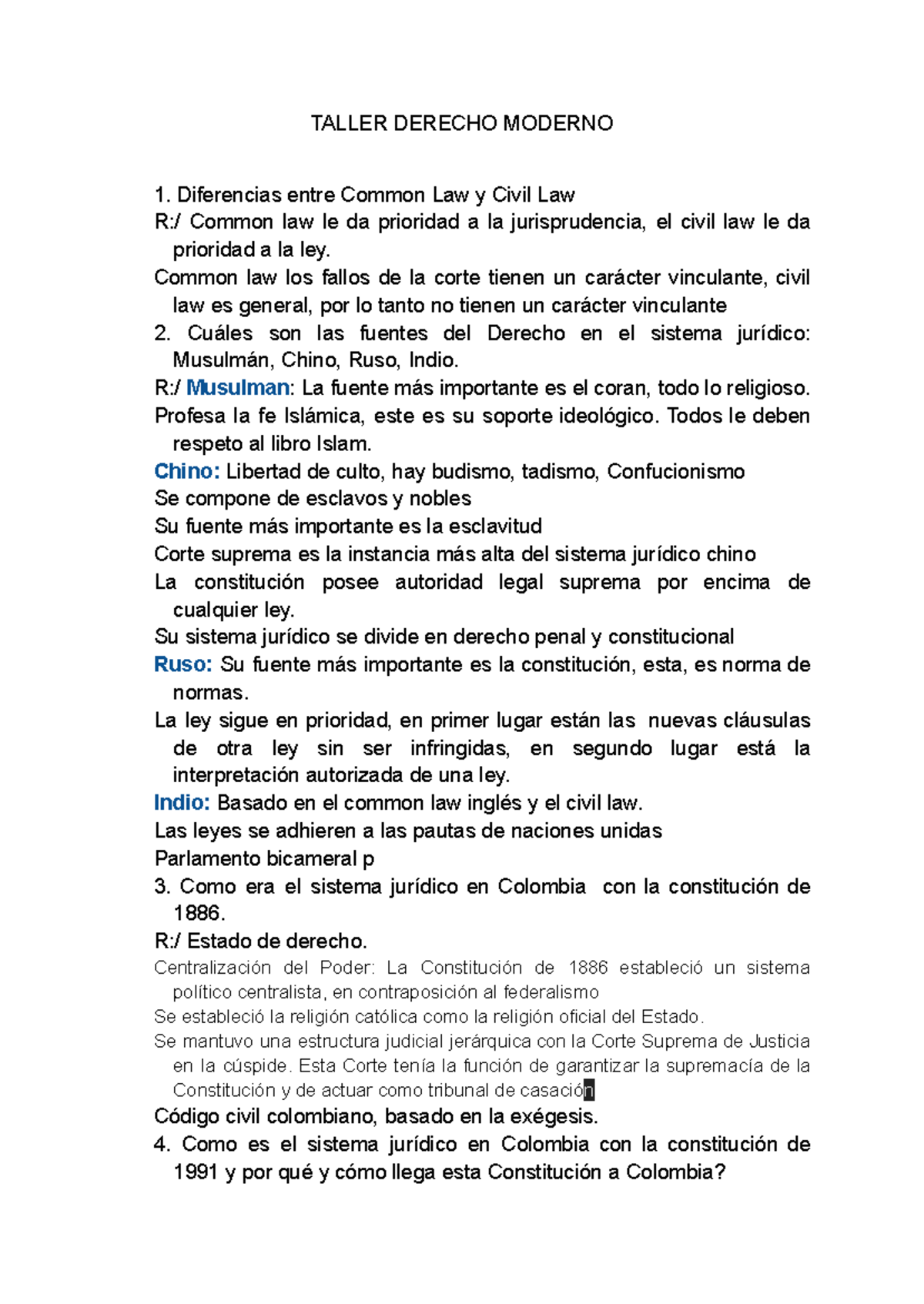 Derecho Moderno 1 - TALLER DERECHO MODERNO 1. Diferencias entre Common ...