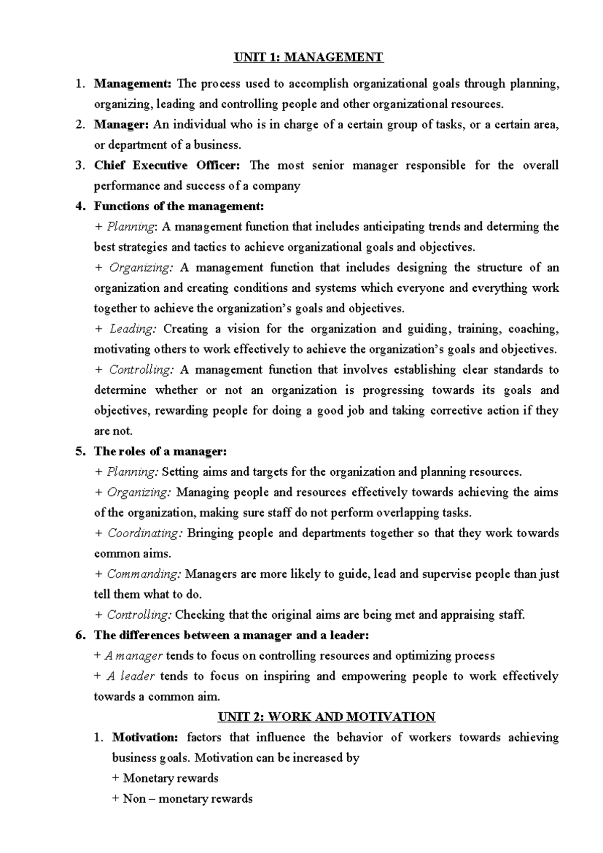 ON TAP ESP 111 FTU - UNIT 1: MANAGEMENT 1. Management: The process used to accomplish ...