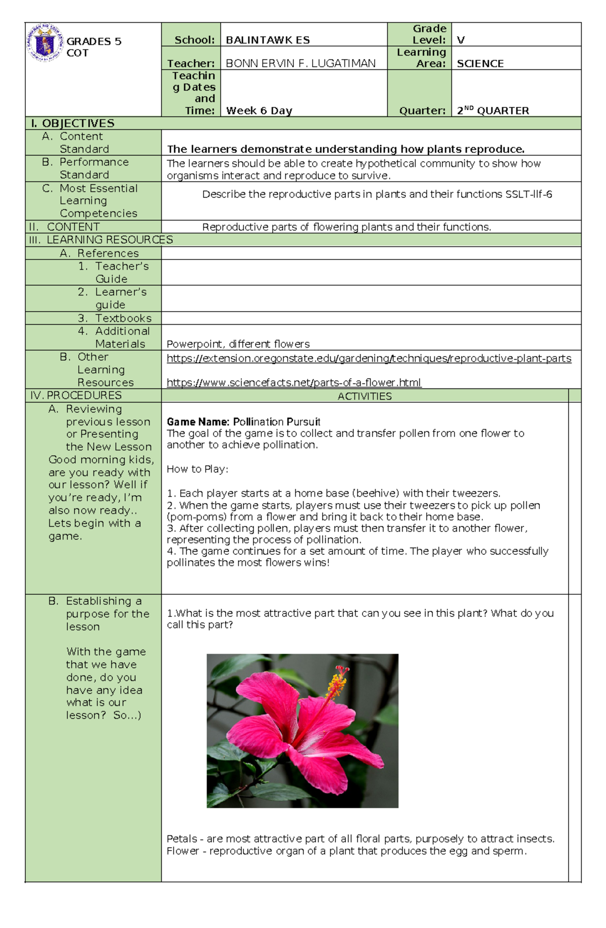 CO 2 - Sample for class observation lesson plan for grade 5 - GRADES 5 ...