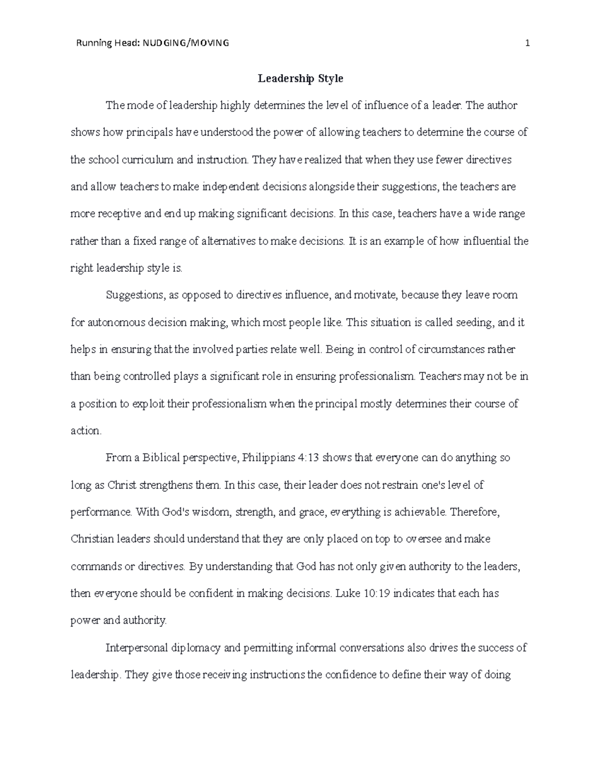 Nudging and Moving Leadership Style - Running Head: NUDGING/MOVING 1 ...