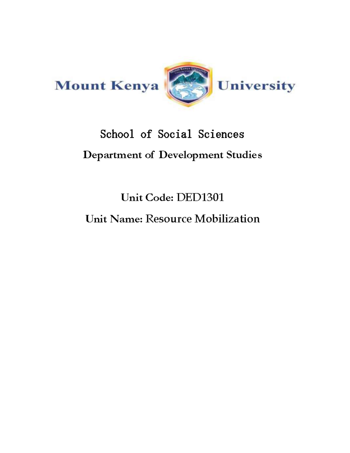 DED 130 Resource Mobilization - School of Social Sciences Department of ...