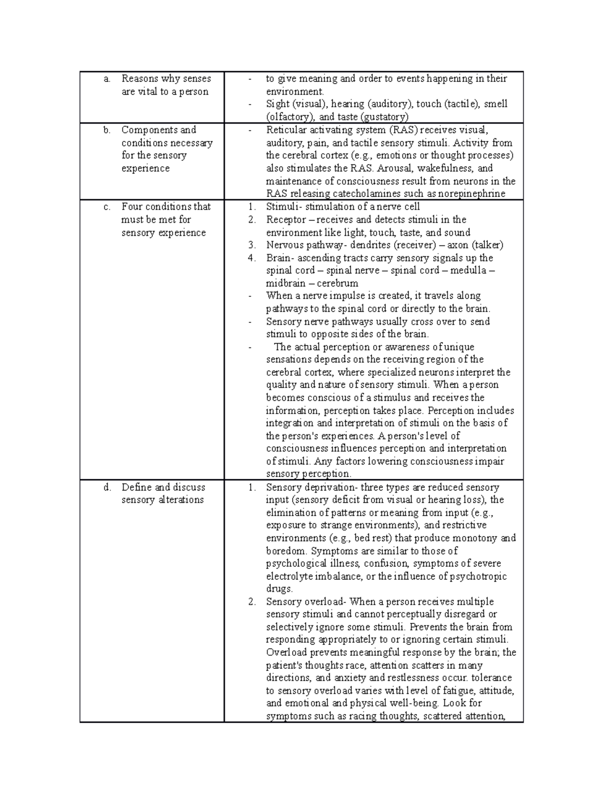 Sensory Notes - Dr. Kali - a. Reasons why senses are vital to a person ...