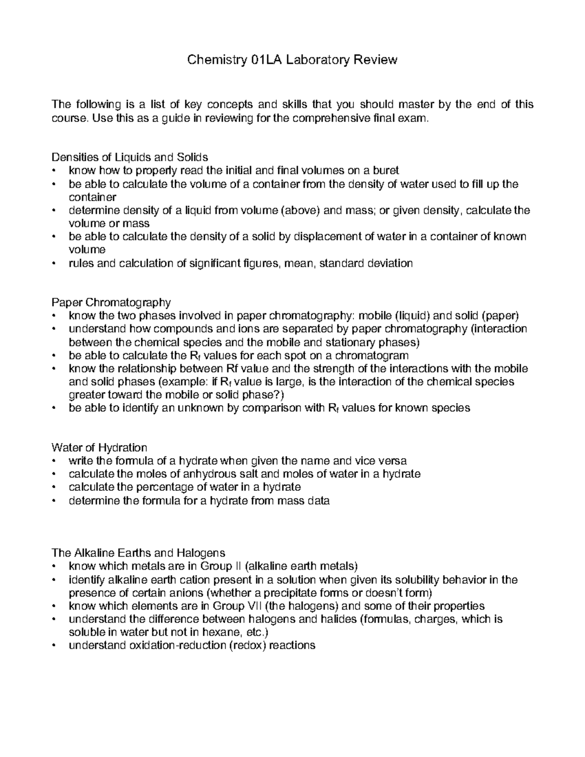 CHEM 1LA Lab Review - Winter 2018 - Chemistry 01LA Laboratory Review ...