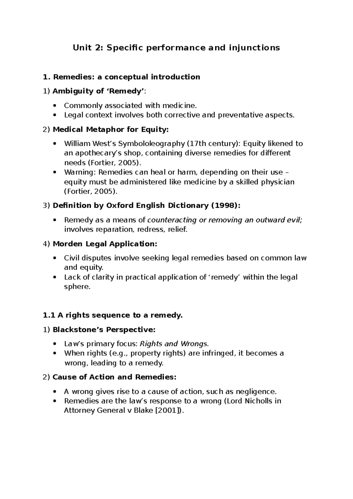 Unit 2 Specific performances and injunctions - Unit 2: Specific performance and injunctions ...