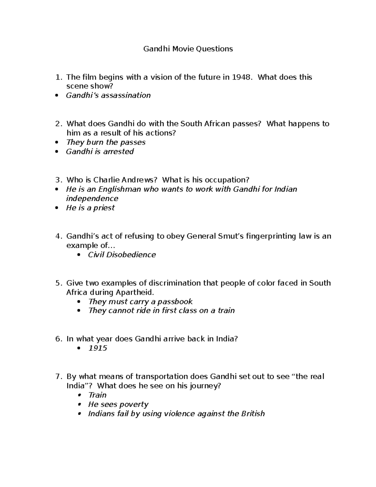 Gandhi Movie Questions - Gandhi Movie Questions The film begins with a ...