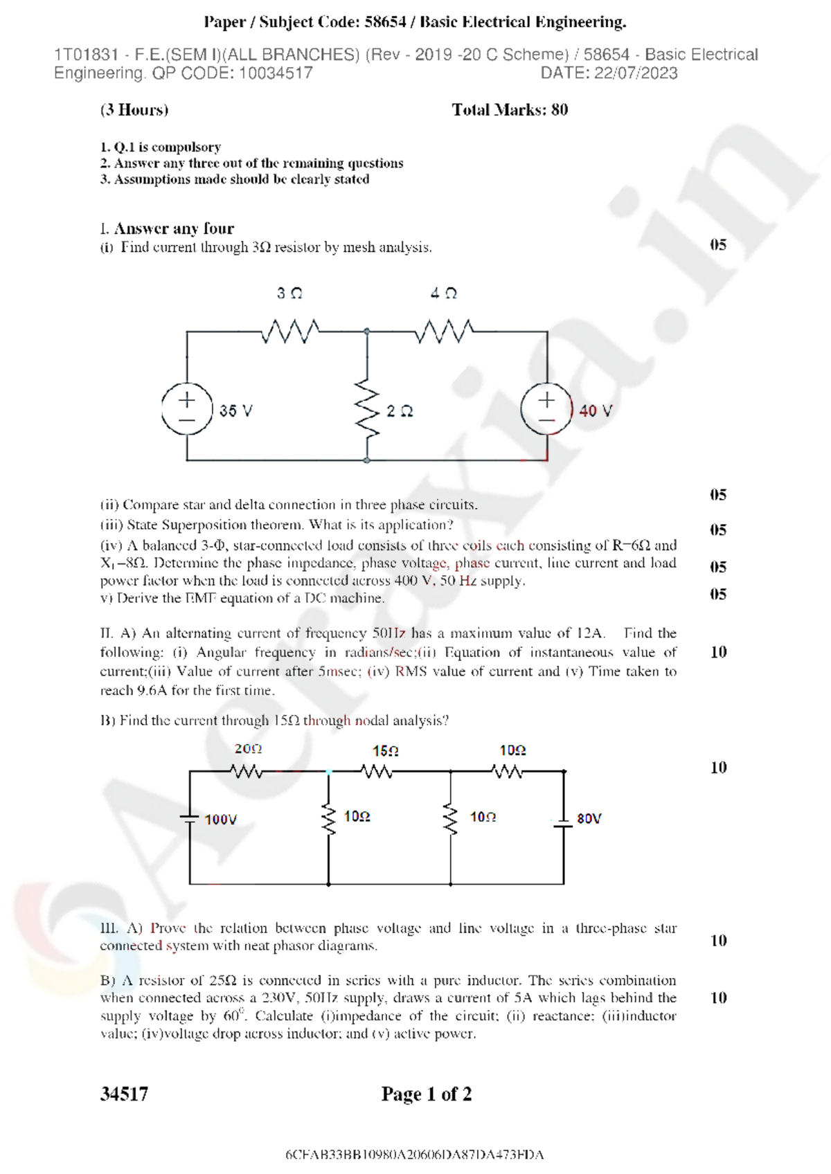 BEE - PYQ - 2018 DEC To 2023 DEC Aeraxia - Paper Subject Code: 58654 Basic Electrical ...