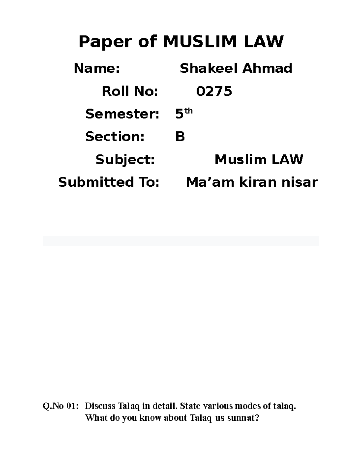 Paper of Muslim Law best lecture notes notes - international law ...
