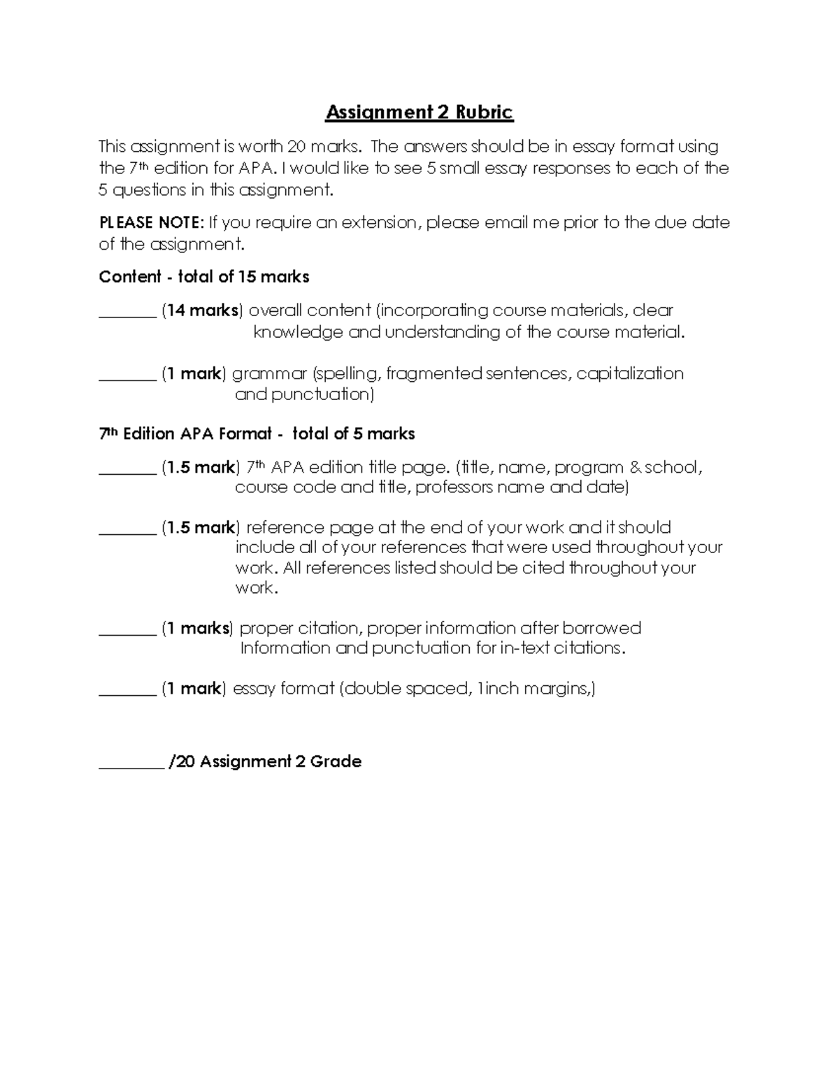 Assignment 2 Rubric - Assignment 2 Rubric This assignment is worth 20 marks. The answers should ...
