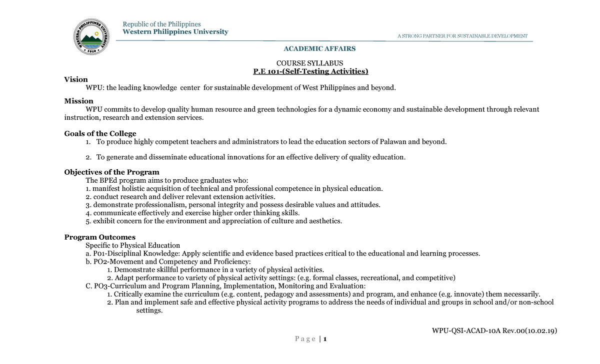 SELF TESTING ACTIVITIES - Western Philippines University A STRONG ...