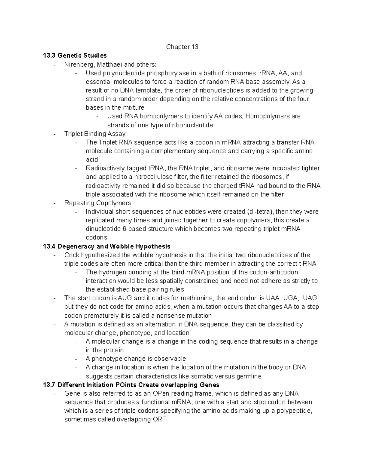 Chapter 13 Notes - Chapter 13 13 Genetic Studies Nirenberg, Matthaei ...