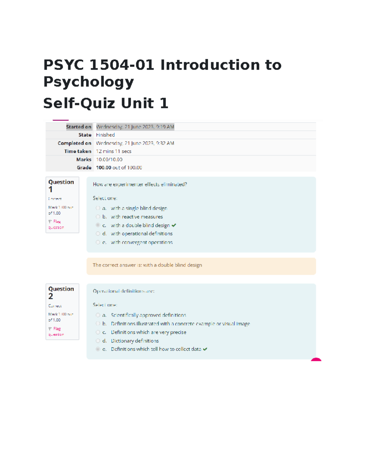 PSYC 1504-01 self quiz unit 1 - PSYC 1504 - PSYC 1504-01 Introduction to Psychology Self-Quiz ...