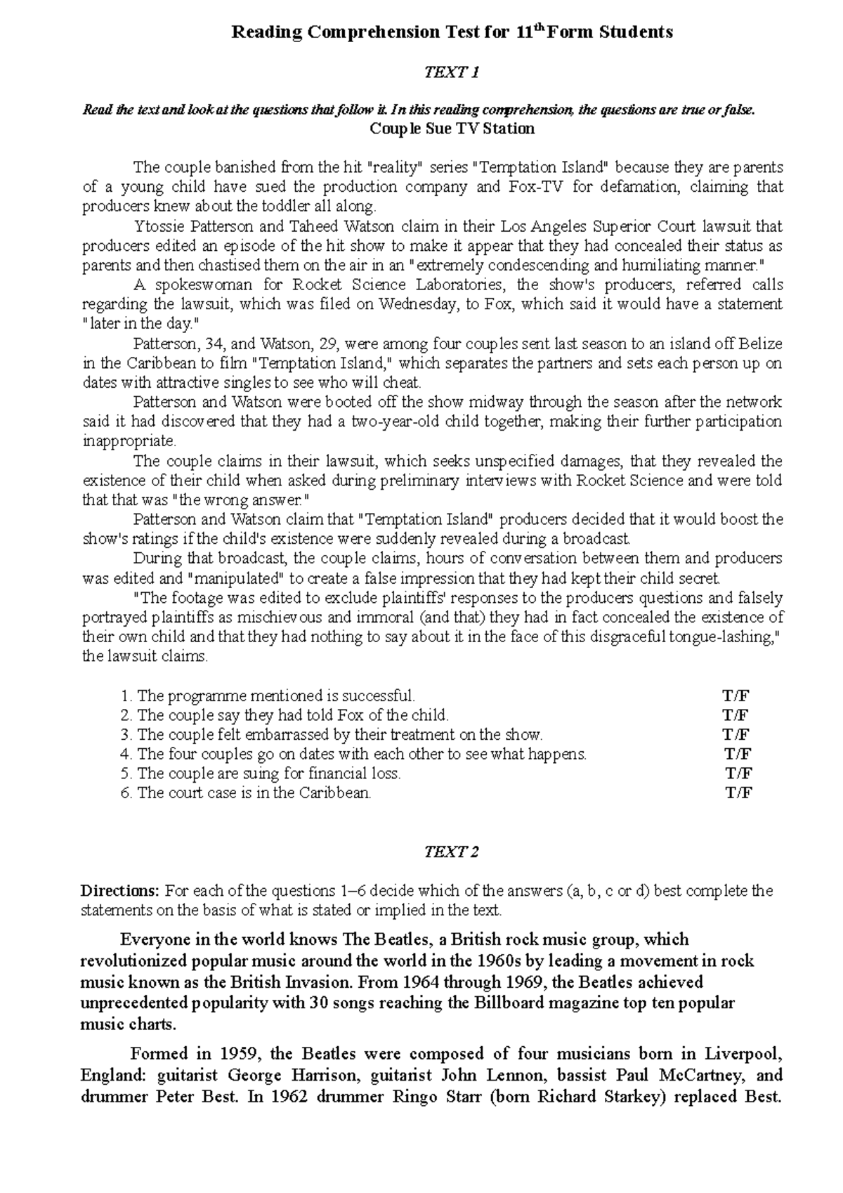 Reading comprehension test for 11th form students - Reading ...