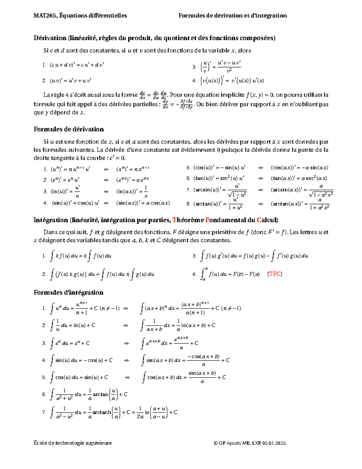 MAT265 Table Derivees - MAT265, Équations différentielles Formules de ...