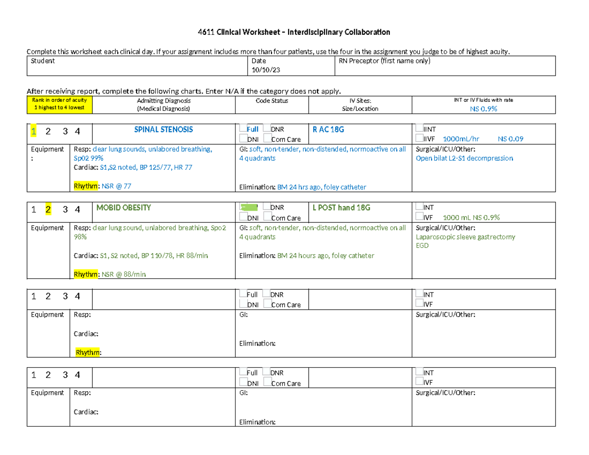 Clinical Experience Day 6 Interdisciplinary Collaboration Worksheet ...