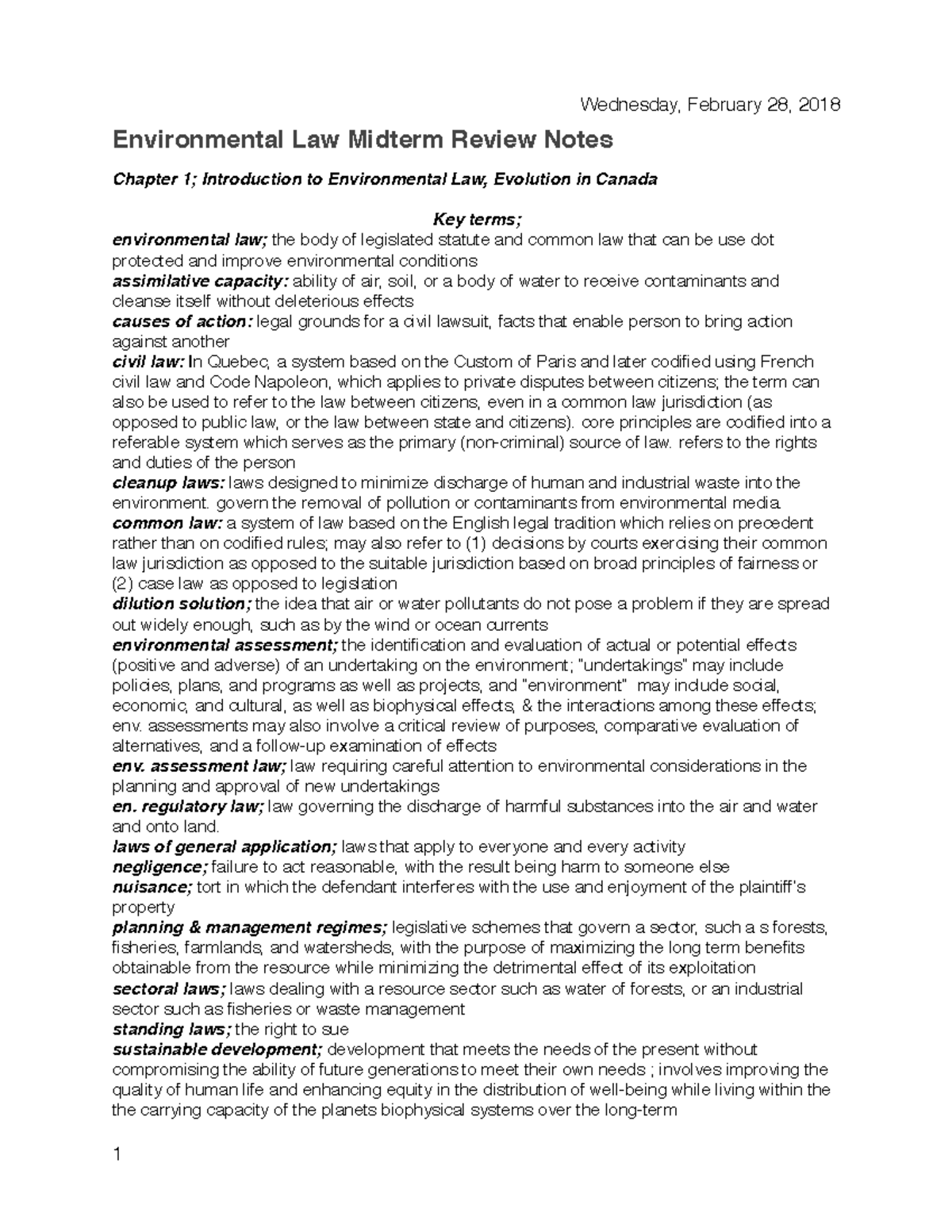 Environmental Law Review Notes - Environmental Law Midterm Review Notes ...