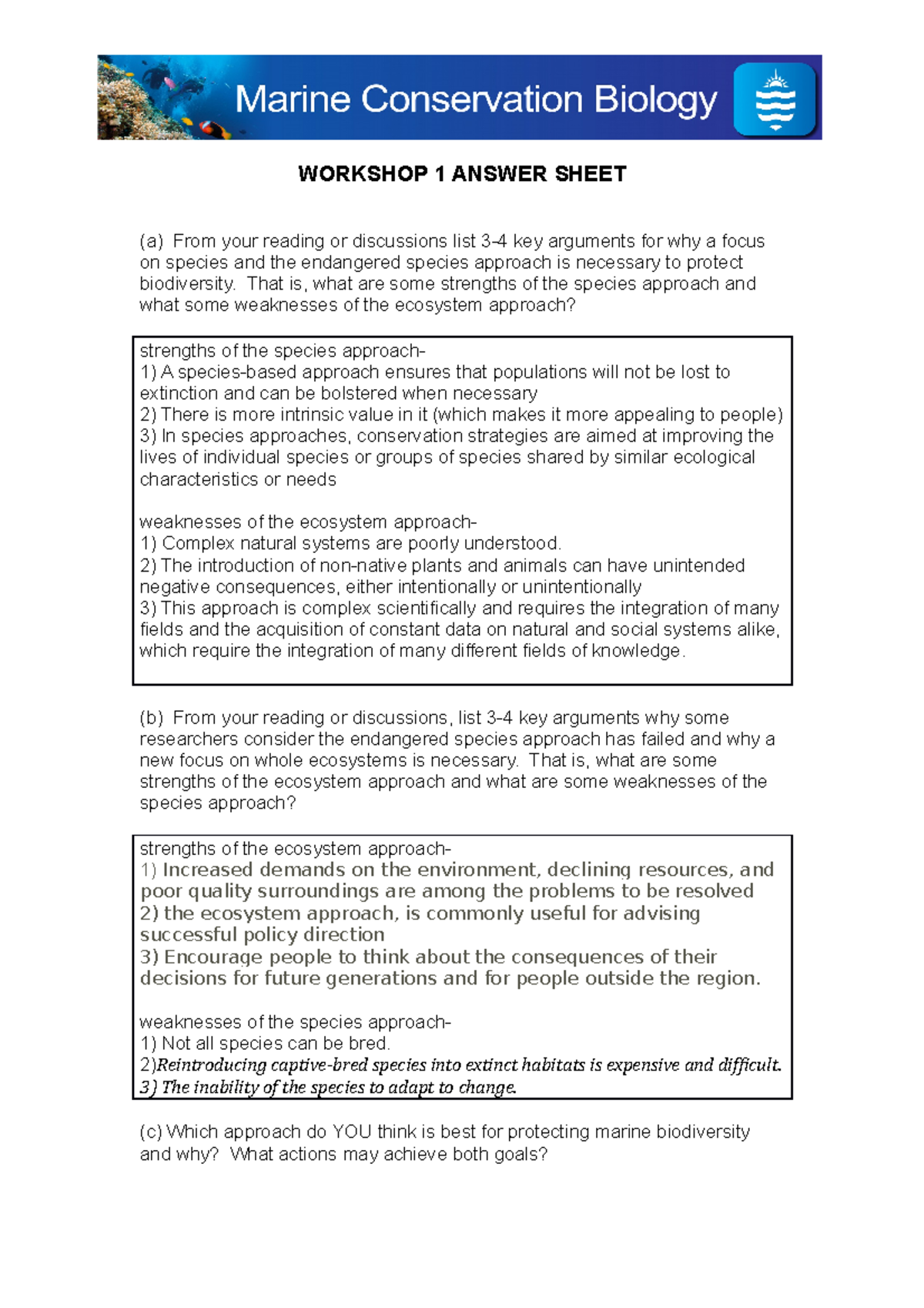 Marine conservation biology assignment - WORKSHOP 1 ANSWER SHEET (a ...