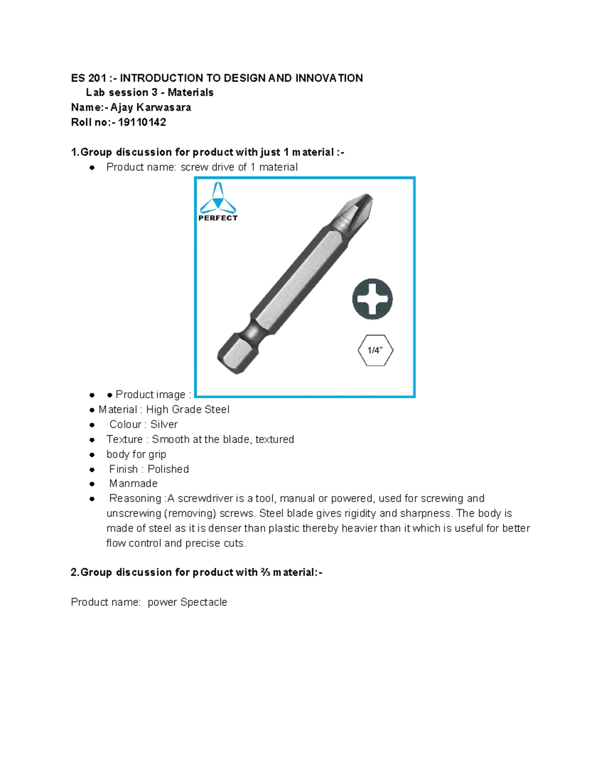 19110142 ES201 assignment - ES 201 :- INTRODUCTION TO DESIGN AND ...