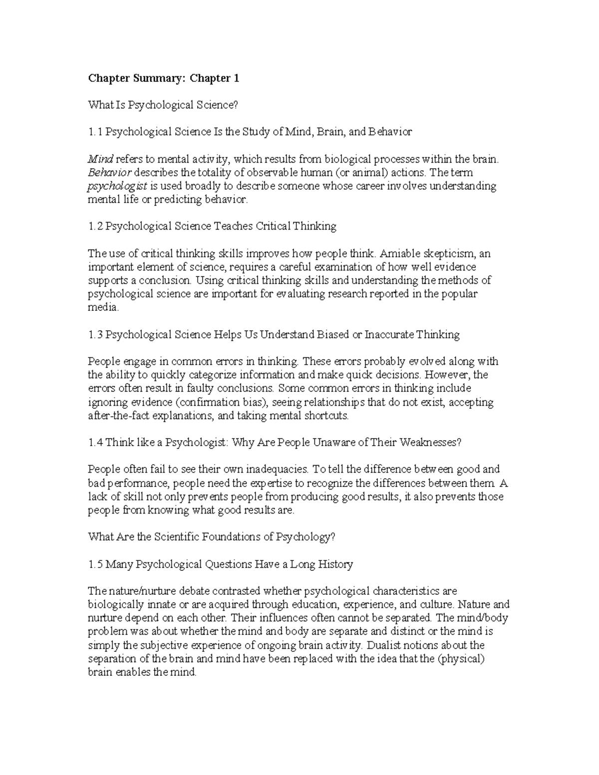 PSYC 2301 Ch 1 Summary - Tagged - Chapter Summary: Chapter 1 What Is Psychological Science? 1 ...