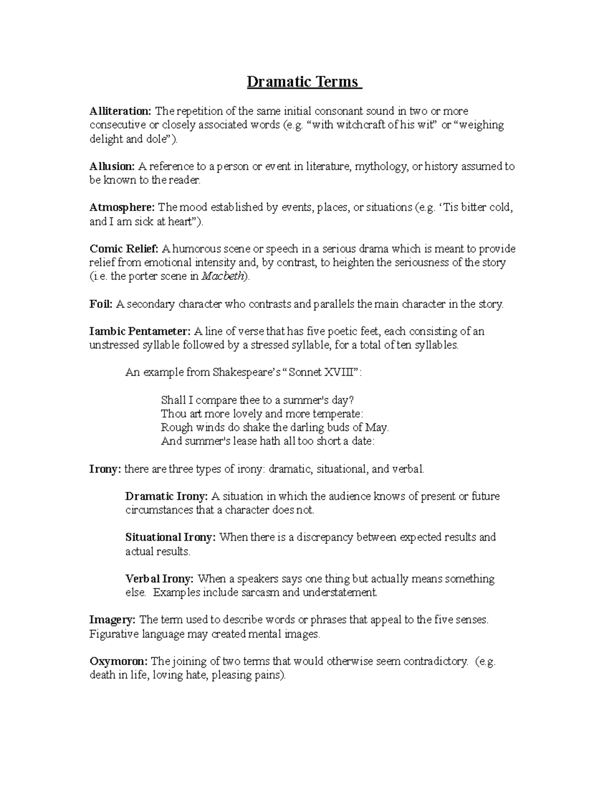 1.2 - shakespeare - Dramatic Terms Alliteration: The repetition of the ...