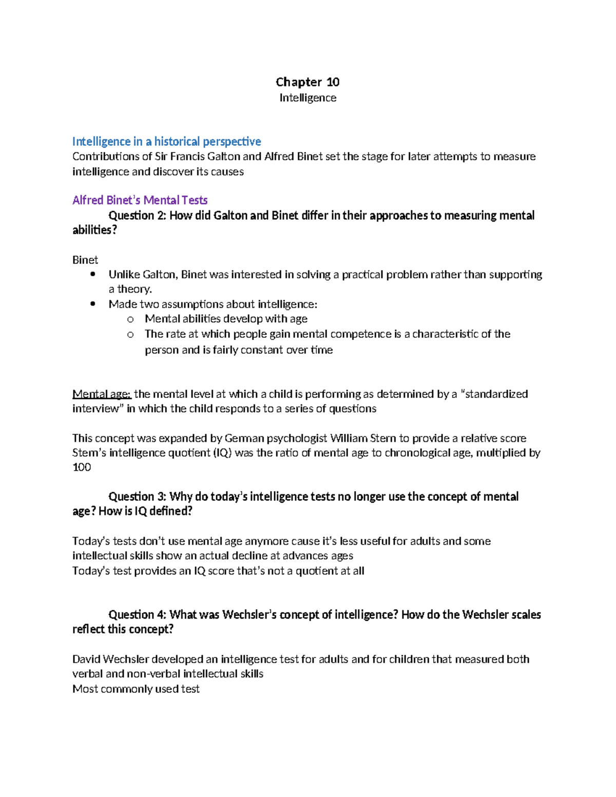 Chapter 10 - Summary Introduction to Psychology - Chapter 10 Intelligence Intelligence in a ...