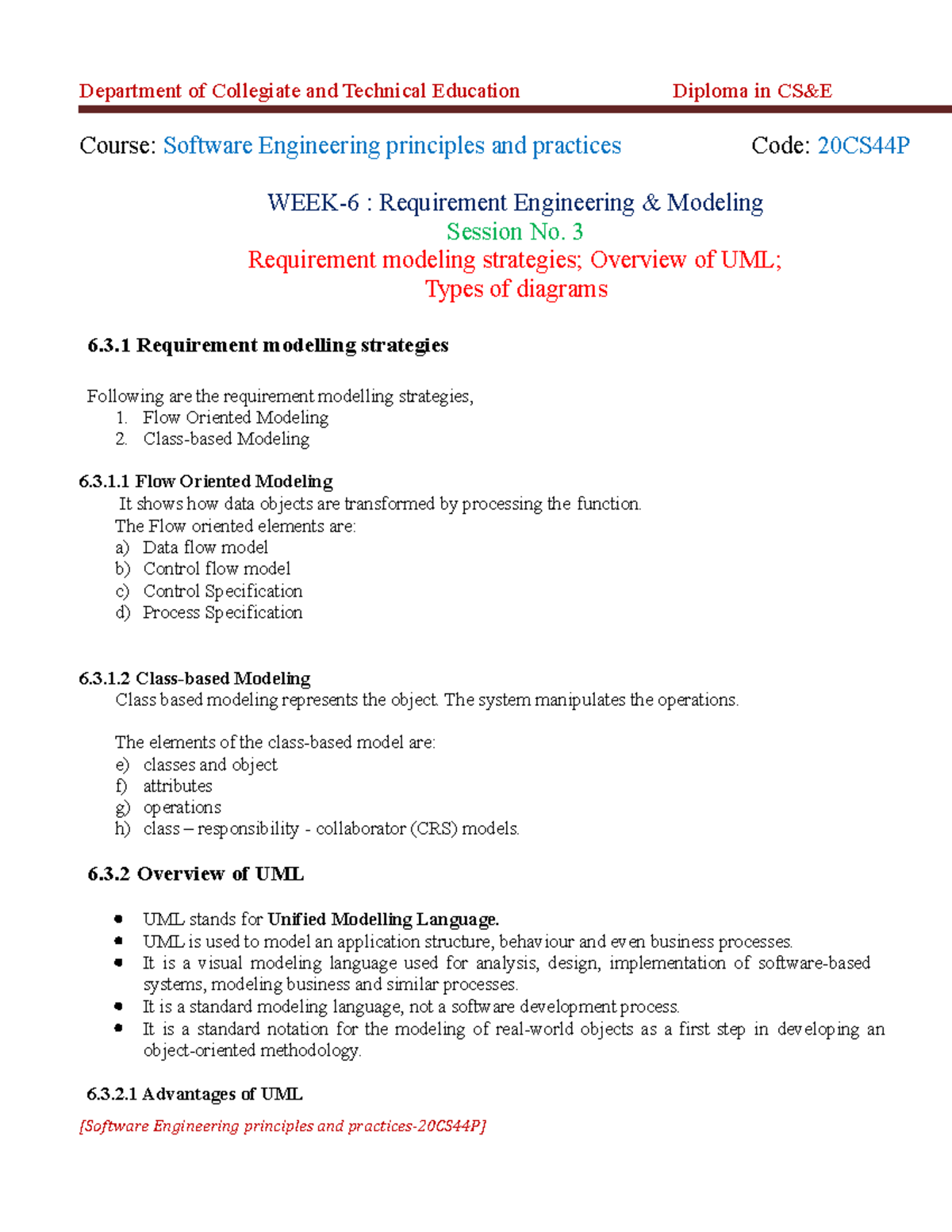 CSE 20CS44P W6 S3 SY - REQUIREMENT ENGINEERING AND MODELLING - Course: Software Engineering ...
