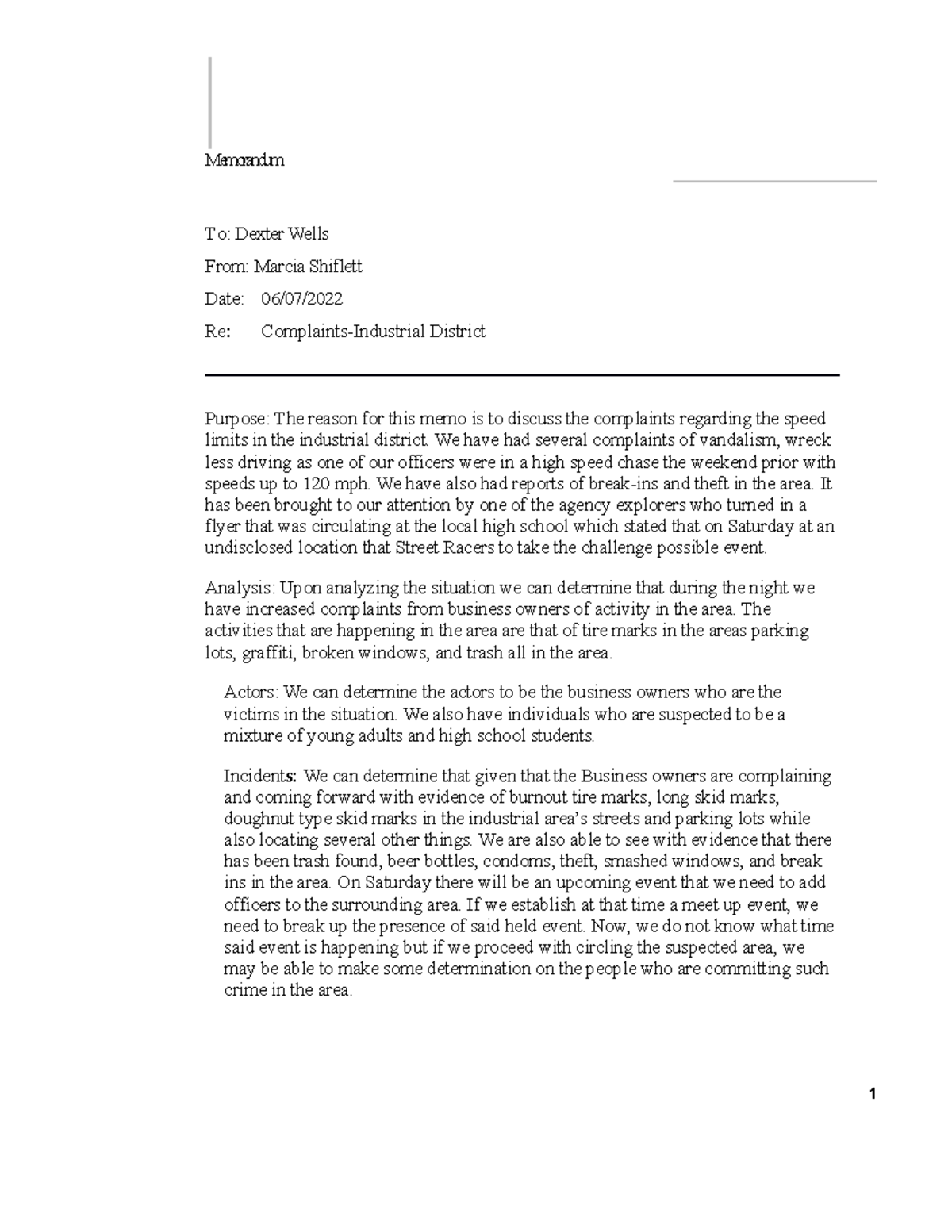 Problem Analysis and Response Memo - Memorandum To: Dexter Wells From: Marcia Shiflett Date: 06 ...