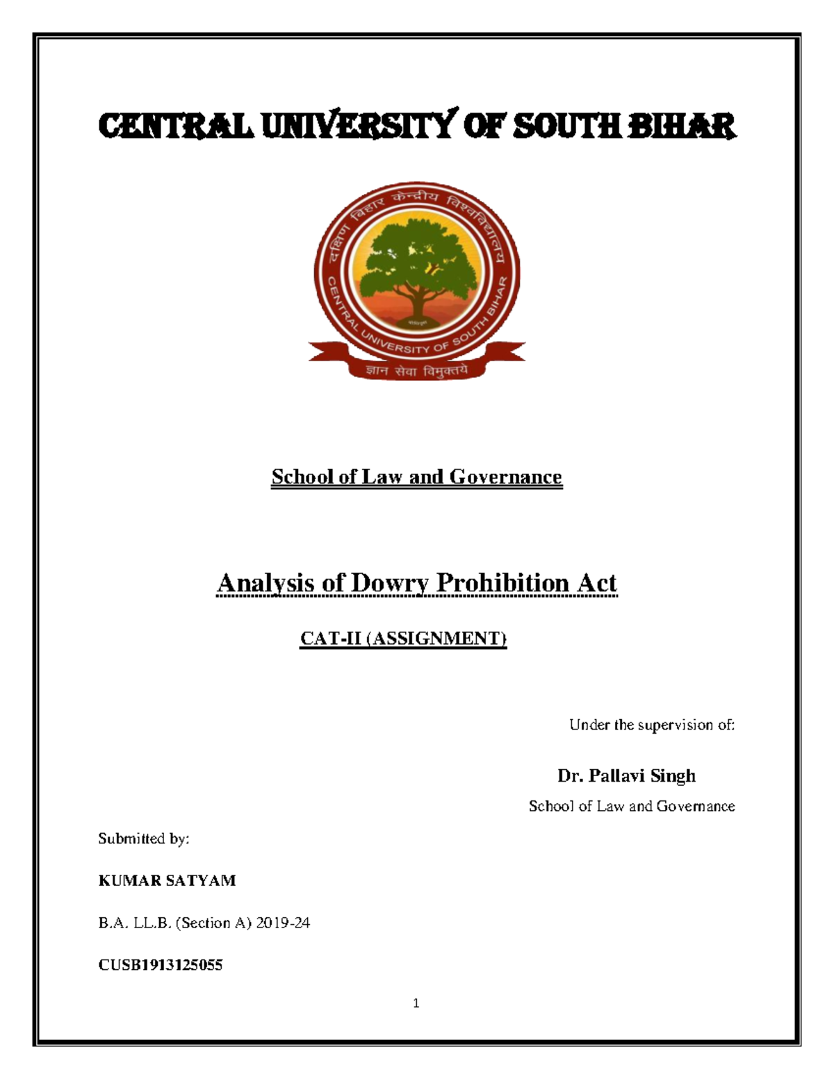 Assignment Satyam CUSB1913125055 - Central University of South Bihar ...