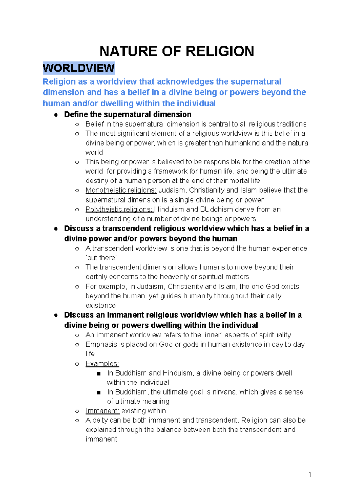 SOR Prelims Notes - summary of syllabus - NATURE OF RELIGION WORLDVIEW ...