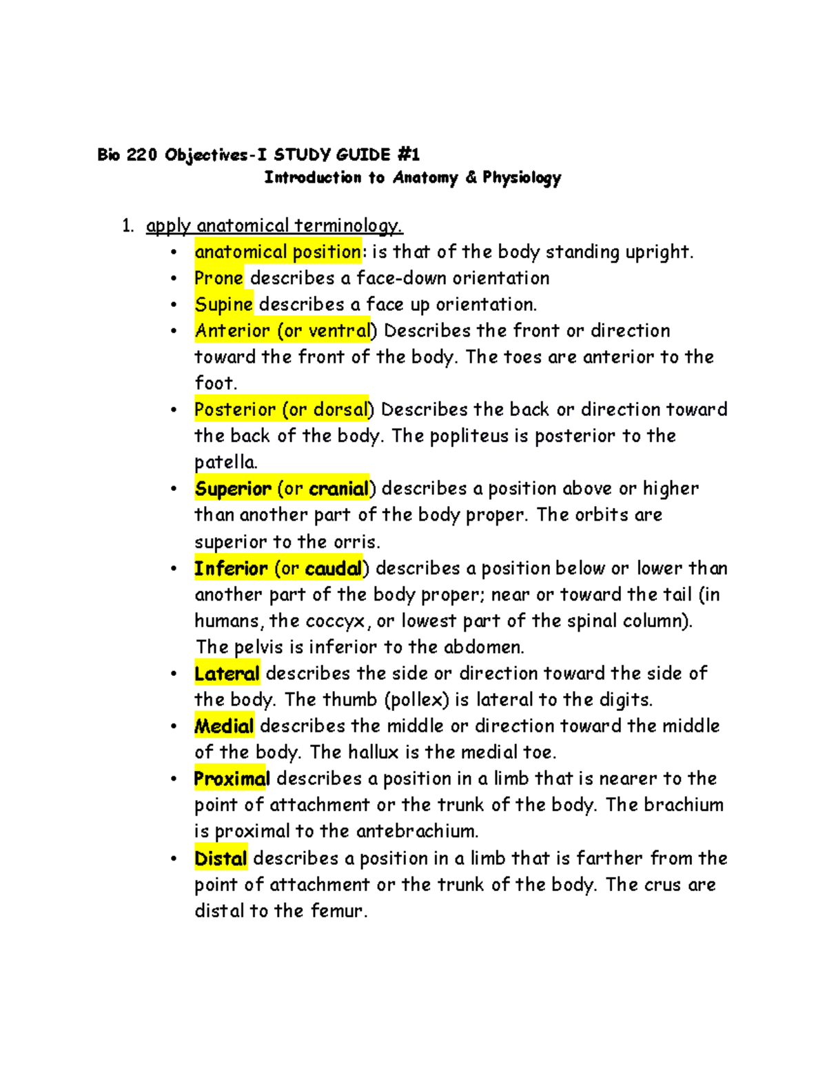 Bio 220 obj I - Study guide/learning objectives - Bio 220 Objectives-I ...