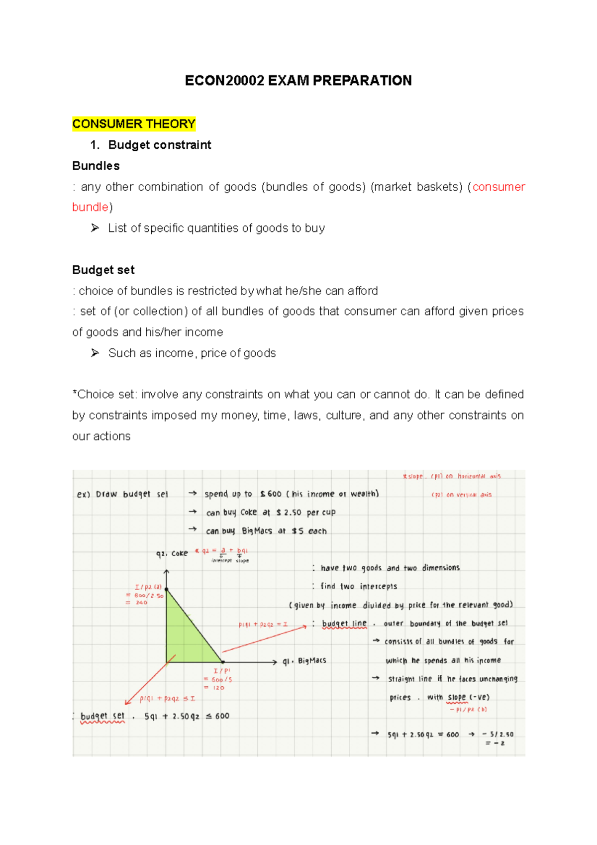 ECON2000 2 EXAM Preparation - ECON20002 EXAM PREPARATION CONSUMER THEORY 1. Budget constraint ...