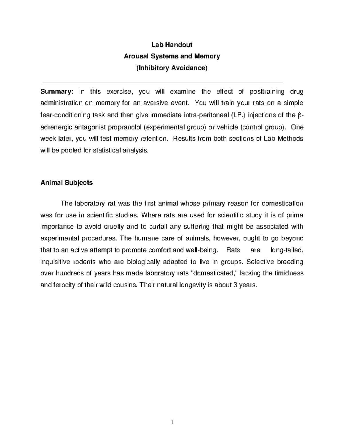 Lab Handout Inhibitory Avoidance (IA) - Lab Handout Arousal Systems and ...