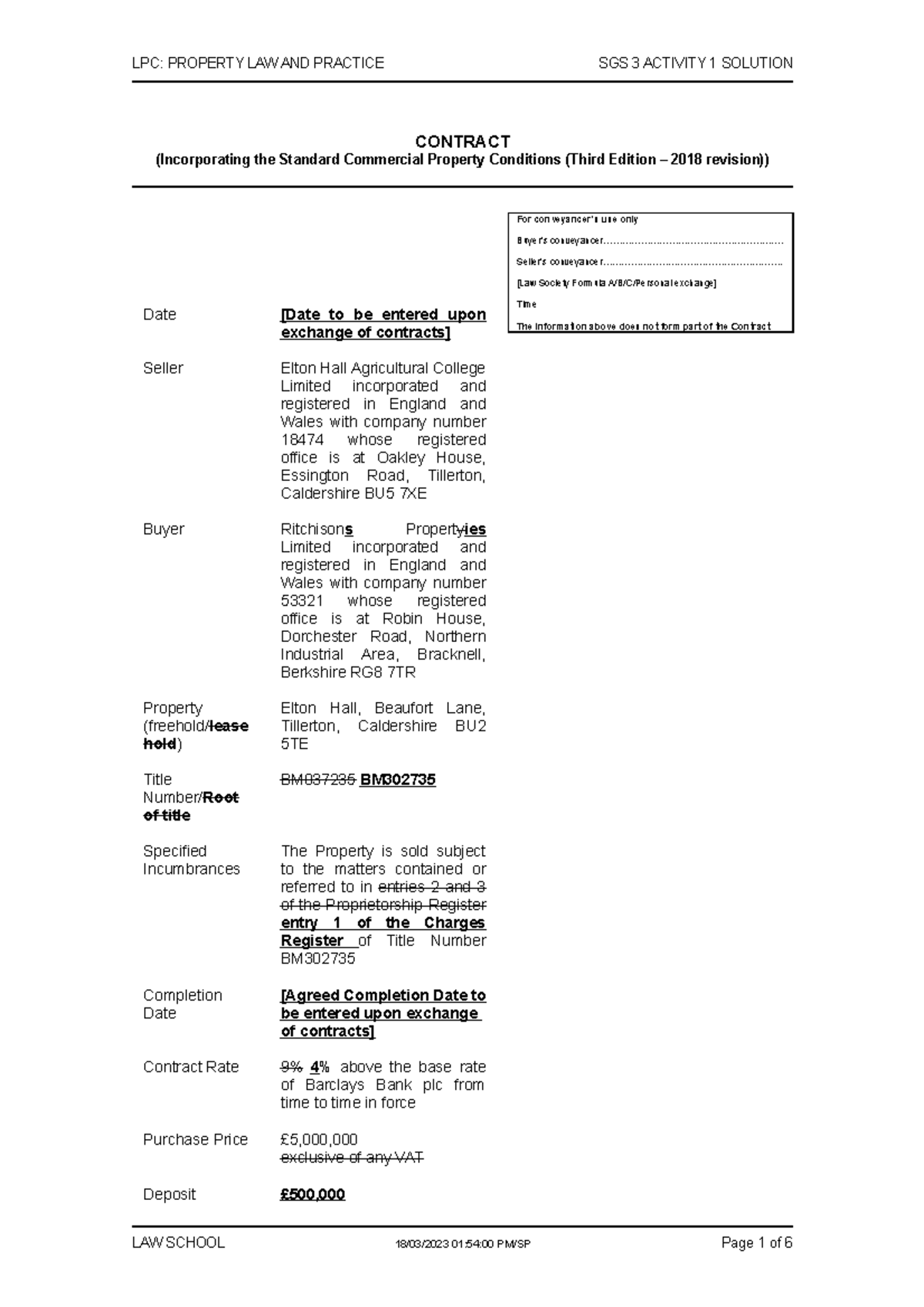 PLP SGS 3 contract solution - LPC: PROPERTY LAW AND PRACTICE SGS 3 ...