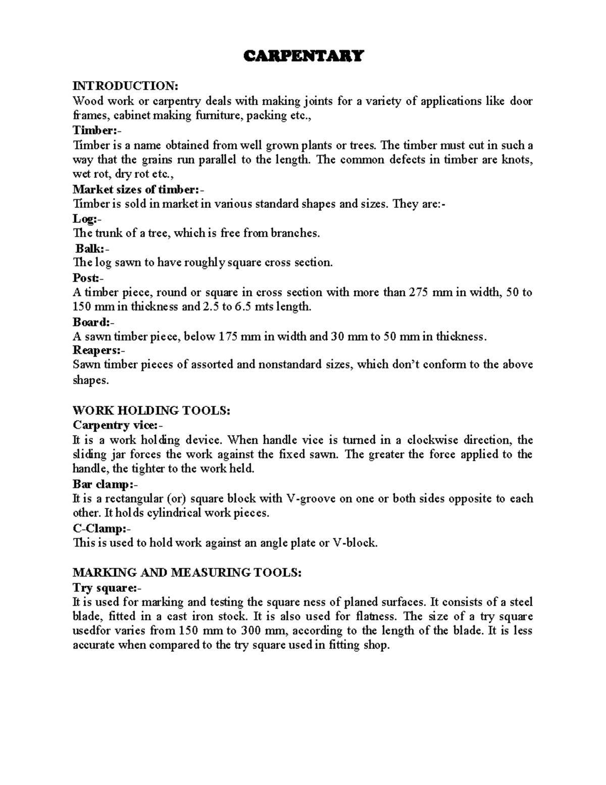 Carpentry - INTRODUCTION: Wood work or carpentry deals with making ...