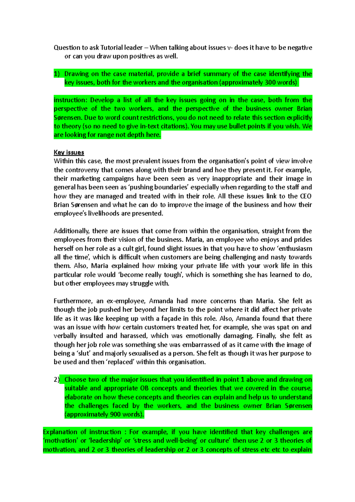 OB Case Study Plan - Question to ask Tutorial leader – When talking ...