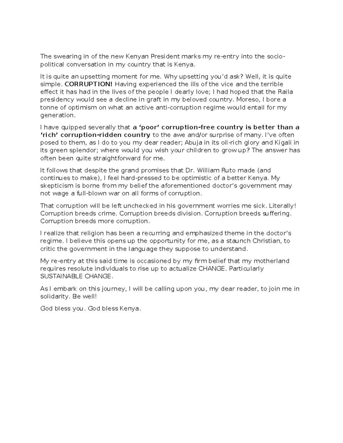 RE- Entre into Essay writing - The swearing in of the new Kenyan ...