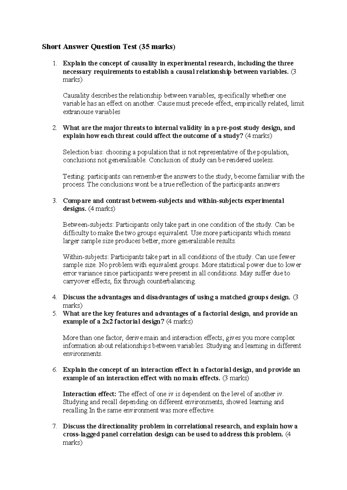 Quant exam practice - Short Answer Question Test (35 marks) 1. Explain ...