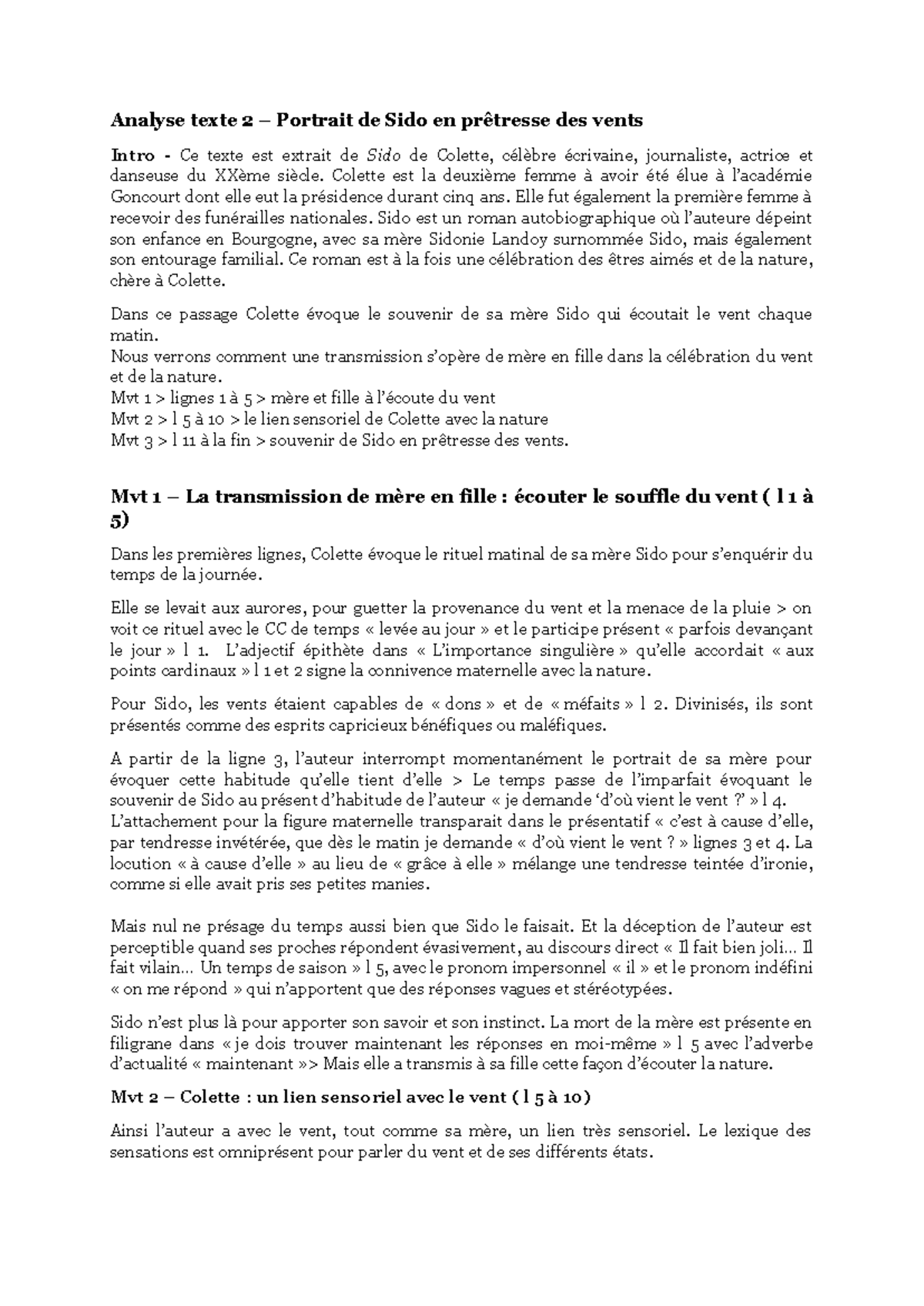 Analyse Sido et les vents - Analyse texte 2 – Portrait de Sido en ...