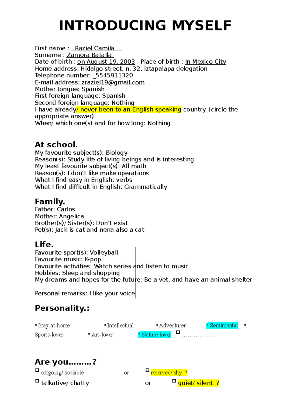 Introducing myself - Zamora Batalla Raziel Camila - INTRODUCING MYSELF ...