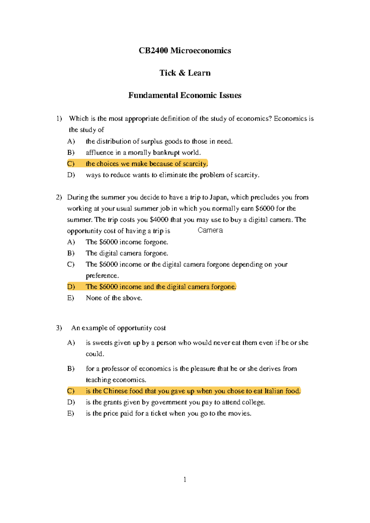 (01) CB2400 Tick & Learn Fundamental Economic Issues - 1 CB2400 Microeconomics Tick & Learn ...