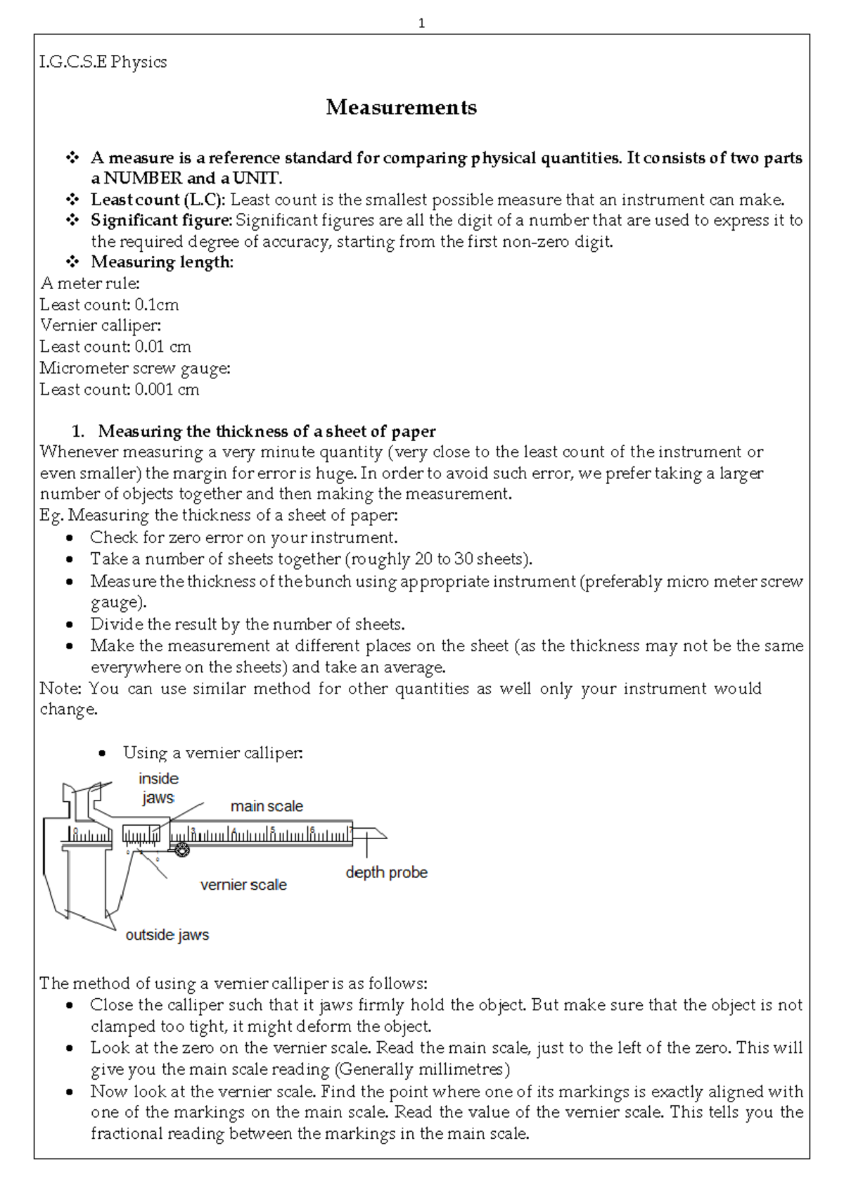 Igcse Physics notes measurement - 1 I.G.C.S Physics Measurements A ...