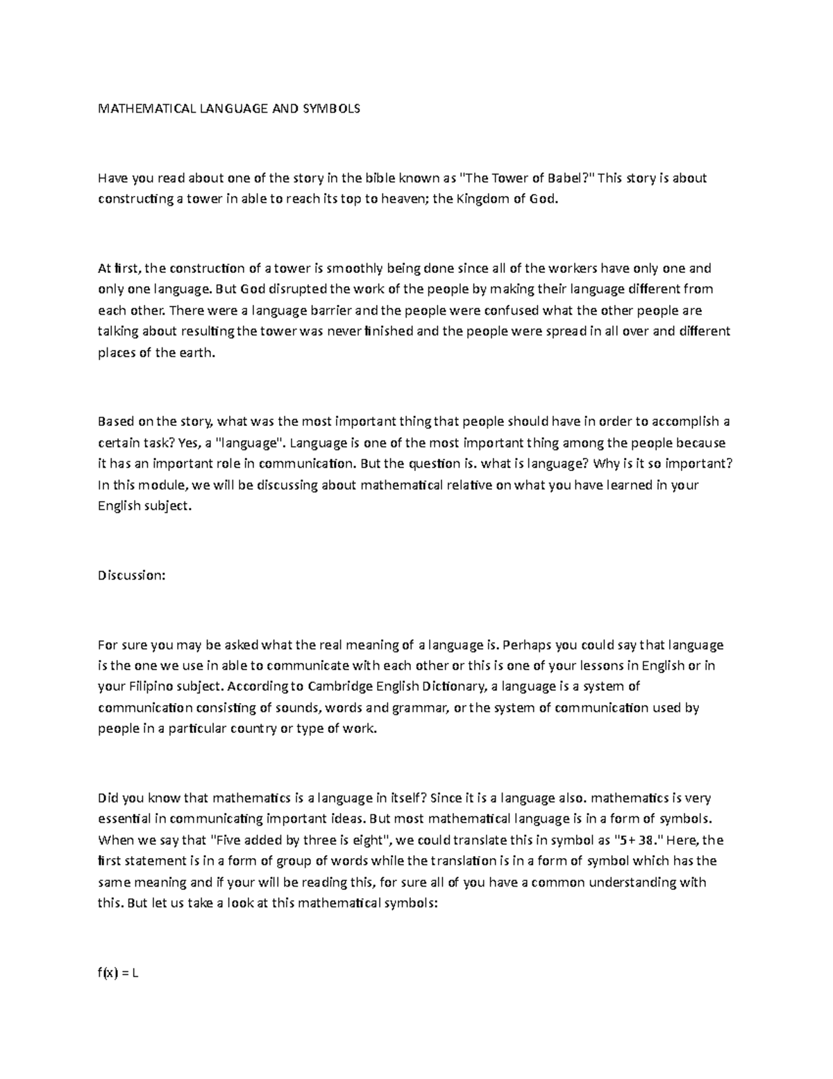 Characteristics AND Conventions IN THE Mathematical Language - MATHEMATICAL LANGUAGE AND SYMBOLS ...