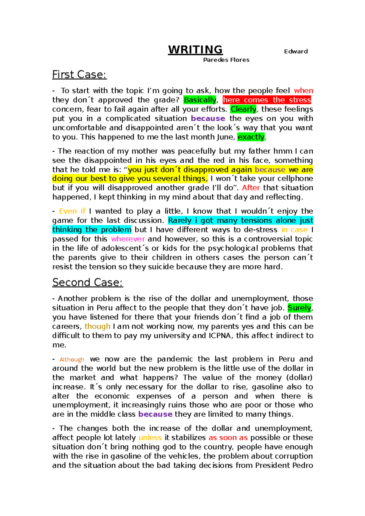 Writing- Edward Paredes-2 - WRITING Edward Paredes Flores First Case: To start with the topic I ...